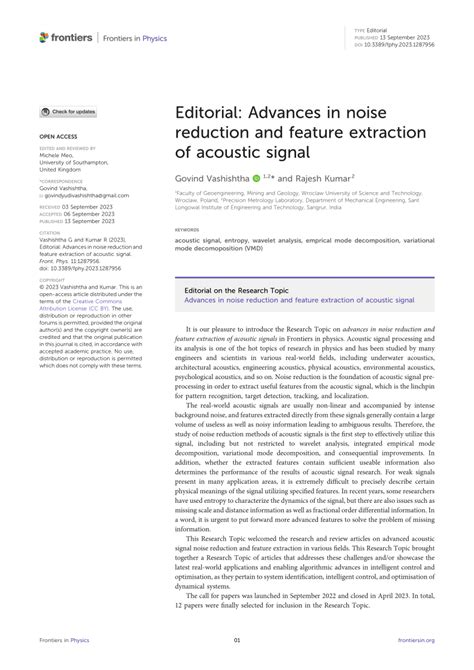 PDF Editorial Advances In Noise Reduction And Feature Extraction Of Acoustic Signal