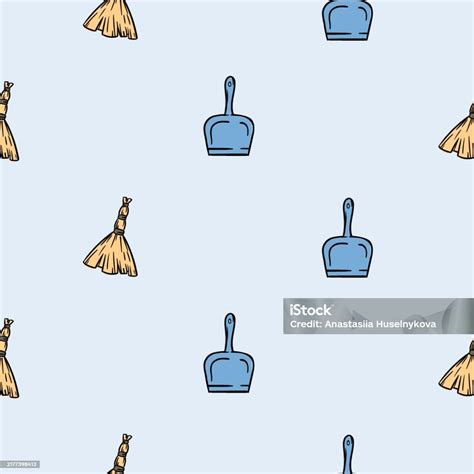 빗자루와 쓰레받기가 있는 심플한 이음매 없는 패턴 서비스 부문 드라이 클리닝 청소 회사에서 디자인을 위한 벡터 배경 위생 청결과 관련된 아이콘 표지판 및 기호 세트 가사
