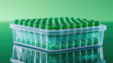 Plastic Container With Small Green Vials On Reflective Surface Stock Image Image Of Laboratory