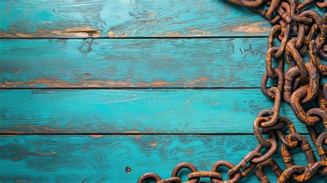 Rustic Chain Links Against A Weathered Blue Wood Background Representing Strength And