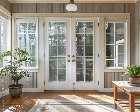 Wooden Walls White French Doors Grey Wood Paneling Cream Window Frames Plants Coffee Table