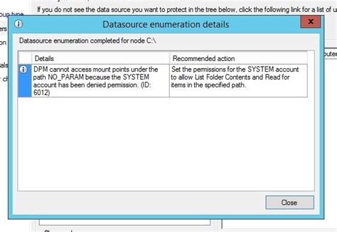 system center 2012 dpm permissions error no param how do i