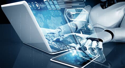 Mlp Robot Humanoid Use Laptop And Sit At Table For Big Data Analytic Stock Illustration