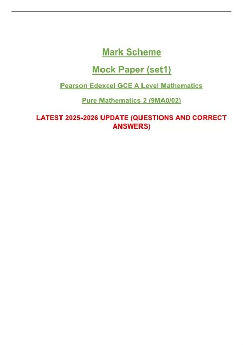 mark scheme mock paper set1 pearson edexcel gce a level mathematics
