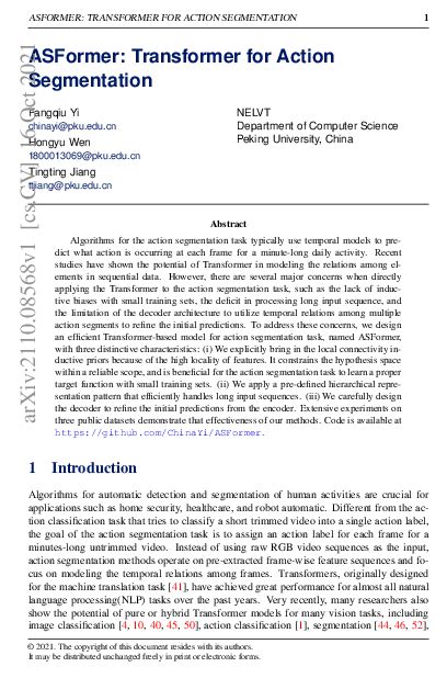 Pdf Asformer Transformer For Action Segmentation