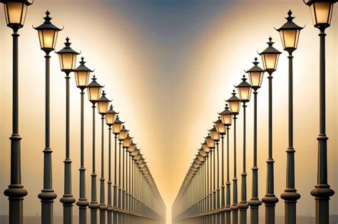 Premium Photo A Row Of Identical Evenly Spaced Streetlights