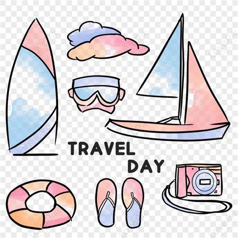 수채화 여행 항해 구름 일러스트 서핑 보드 카메라 비행기 잠수경 Png 일러스트 무료 다운로드 Lovepik