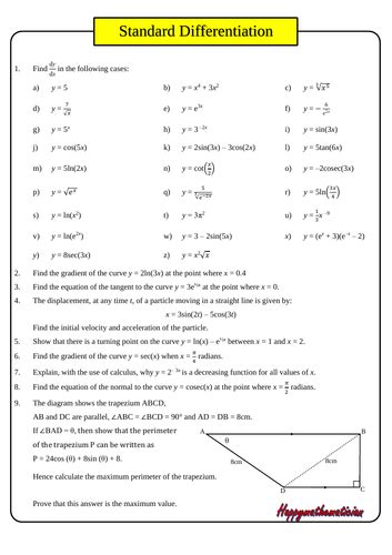 Standard Differentiation With Answers Teaching Resources
