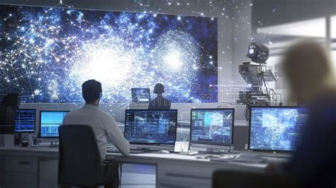 Scientists Analyzing Data In A High Tech Research Lab With Advanced Screens Displaying Complex