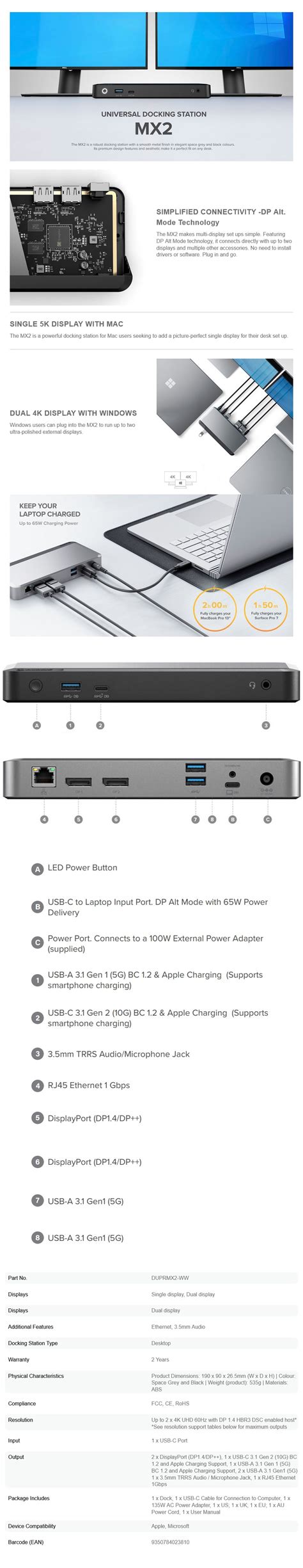 Alogic MX2 USB C Dual Display Docking Station With 65W Power Delivery DUPRMX2 WW Mwave