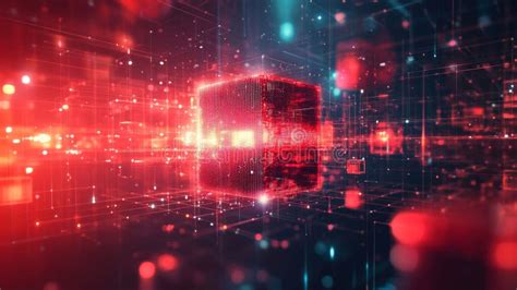 In A Dark Futuristic Cyberspace A Glowing Cube Of Digital Data With
