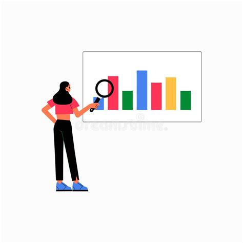 Female Character Analyzing Bar Graph With Magnifying Glass In Flat Vector Illustration