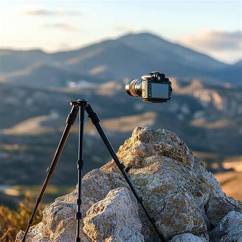 Professional Tripod With The Camera On The Rock While Taking Photos