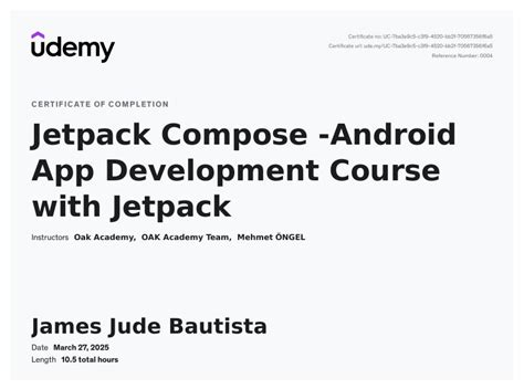 My Course Completion Certificate For Jetpack Compose Android App Development Course With