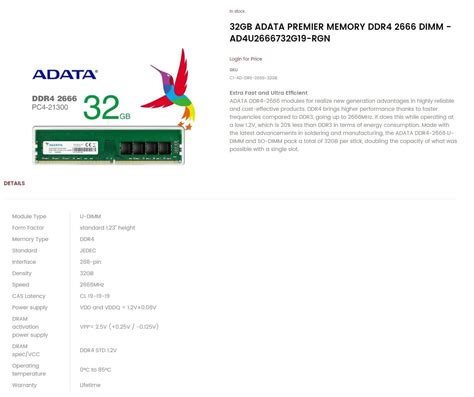 Adata 32gb 1x32gb Ddr4 2666 Memory
