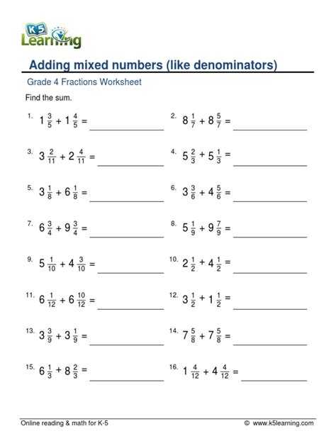 grade 4 adding mixed numbers like denominators b pdf mathematical