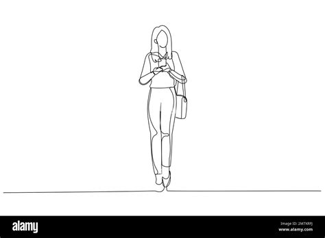 Cartoon Of Asian Young Businesswoman Use Smart Phone While Commuting In City One Continuous