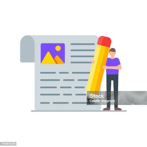 벡터 일러스트는 연필로 남자의 블로깅 카피 라이팅 벡터 일러스트 레이 션 평면 스타일 쓰기 개념에 대한 스톡 벡터 아트 및 기타
