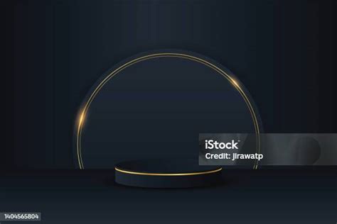 검은 색 연단과 검은 색 원 요소 배경이있는 현대 금색 테두리 복사 공간이 있는 제품을 배치하기 위한 3d 모양을 보여 주는 추상 벡터 그림입니다 0명에 대한 스톡 벡터