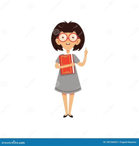 Funny Nerd Girl Holding Book And Index Finger Up Cartoon Character With Brown Hair And Two