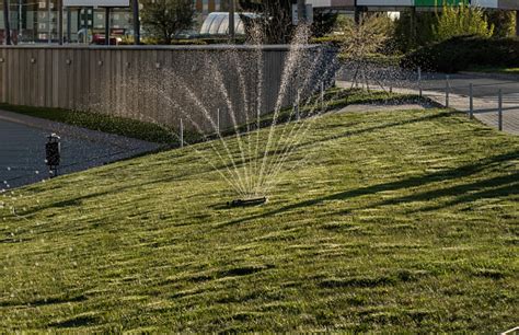 여름에는 조절 가능한 진동 스프링클러로 도시에 잔디밭에 물을 주실 수 있습니다 휴대용 수능 효율적인 금속 팔이 있는 진동 스프링클러가 공공 거리의 잔디 밭에 물 팬을