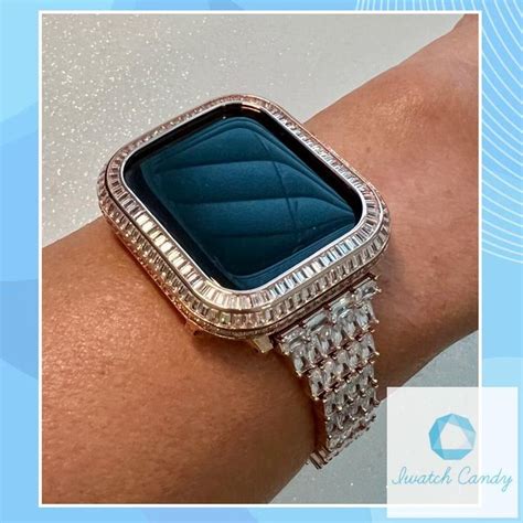 Rose Gold Apple Watch Band Women Crystal Baguettes And Or Apple Watch Cover Lab Diamond Bezel