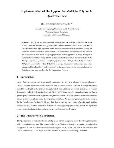Pdf Implementation Of The Hypercube Multiple Polynomial Quadratic Sieve