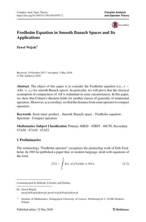 Pdf Fredholm Equation In Smooth Banach Spaces And Its Applications