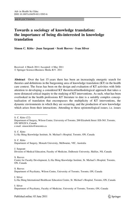 Pdf Towards A Sociology Of Knowledge Translation The Importance Of