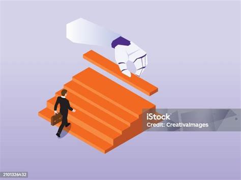 사업가의 경력 성장을 돕기 위해 계단으로 블록을 쌓는 로봇 손 3차원 형태에 대한 스톡 벡터 아트 및 기타 이미지 3차원 형태 개념 개발 Istock