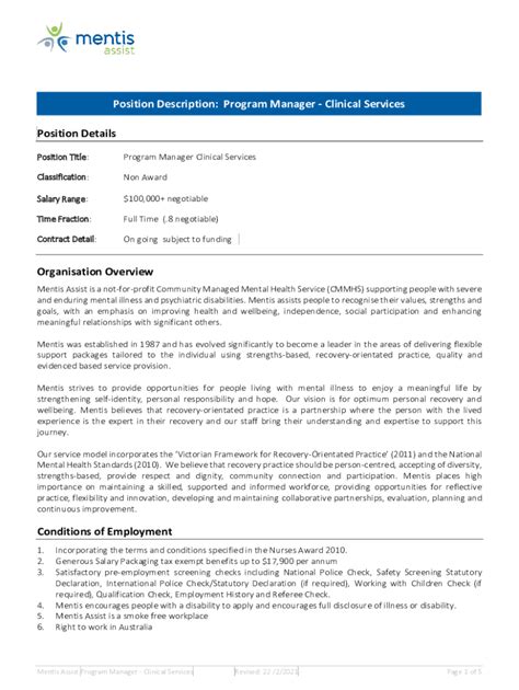 Fillable Online Position Description Program Manager Clinical Services Fax Email Print