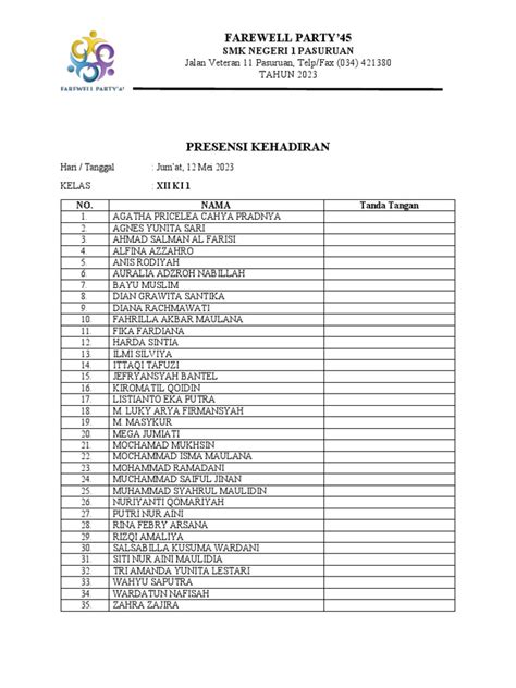 Presensi Kehadiran Farewell Party45 Pdf