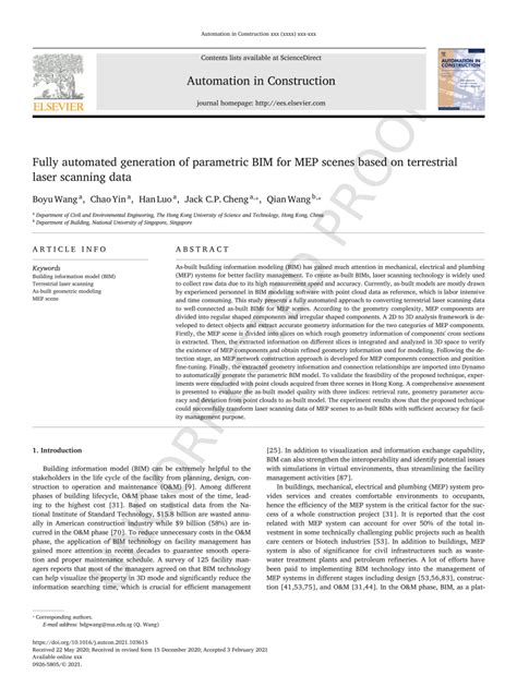 PDF Fully Automated Generation Of Parametric BIM For MEP Scenes Based On Terrestrial Laser