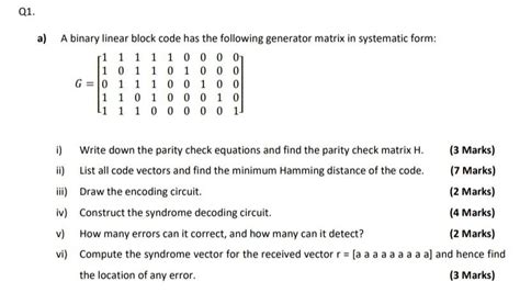 Solved Q1 A A Binary Linear Block Code Has The Following