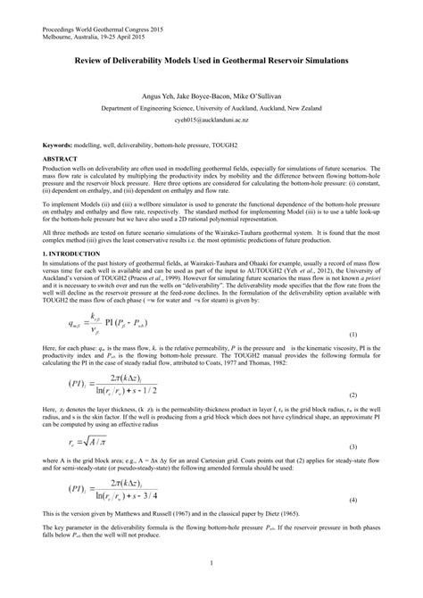 Pdf Review Of Deliverability Models Used In Geothermal Reservoir Simulations