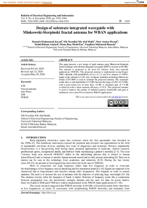 Pdf Design Of Substrate Integrated Waveguide Withminkowski Sierpinski Fractal Antenna For Wban