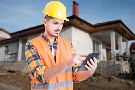 Attractive Constructor Working On Modern Tablet Stock Photo Image Of Building Electronic