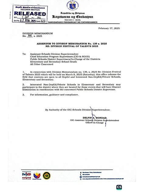 Rec Dm 142 S 2025 Addendum To Division Memo No 139 S2025 Re Division Festival Of Talents