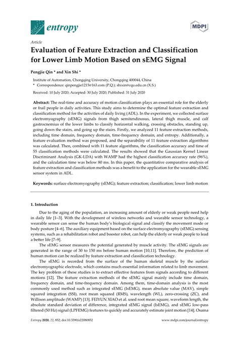 Pdf Evaluation Of Feature Extraction And Classification For Lower Limb Motion Based On Semg Signal