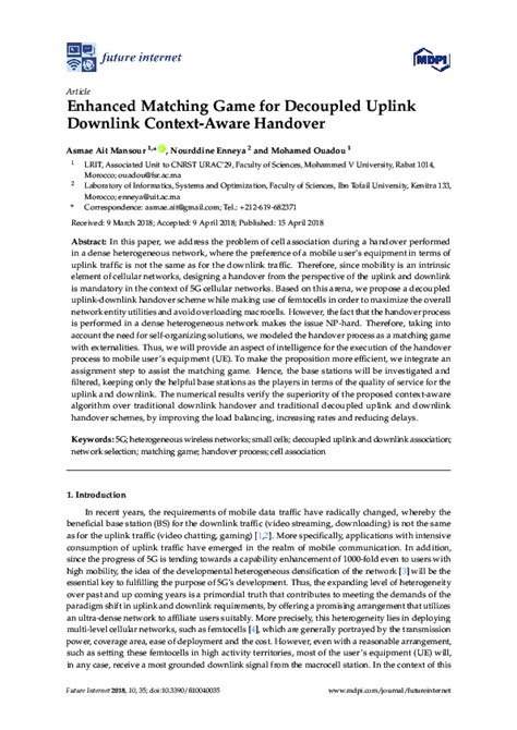 Pdf Enhanced Matching Game For Decoupled Uplink Downlink Context