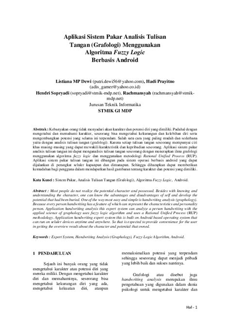 pdf aplikasi sistem pakar analisis tulisan tangan grafologi