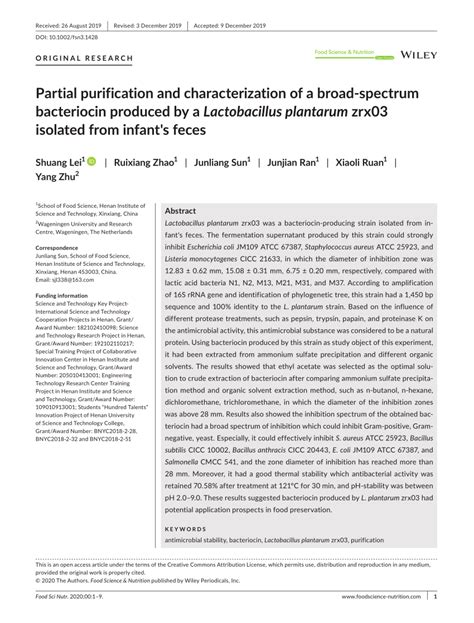 Pdf Partial Purification And Characterization Of A Broad‐spectrum Bacteriocin Produced By A