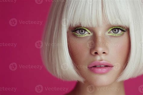 Close Up Beauty Portrait Of Woman With White Bob Hairstyle And Neon