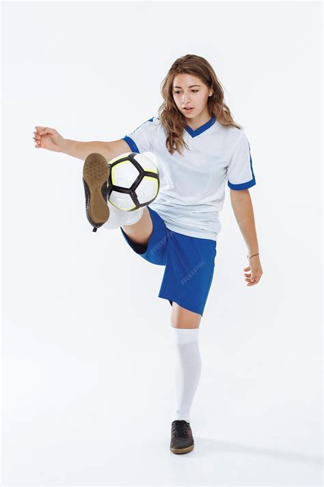 Premium Photo European Football Player Girl With A Football Ball