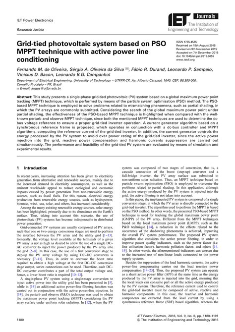 Pdf Grid Tied Photovoltaic System Based On Pso Mppt Technique With Active Power Line Conditioning