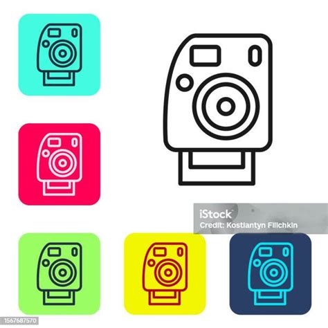 흰색 배경에 격리 된 검은 줄 사진 카메라 아이콘 포토 카메라 디지털 사진 색상 정사각형 단추로 아이콘을 설정합니다 벡터 3차원 형태에 대한 스톡 벡터 아트 및 기타 이미지