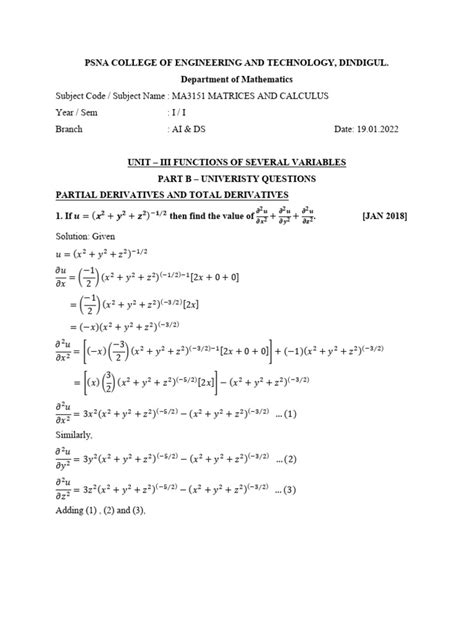 Answers Unit 3 Functions Of Several Variables Part B University