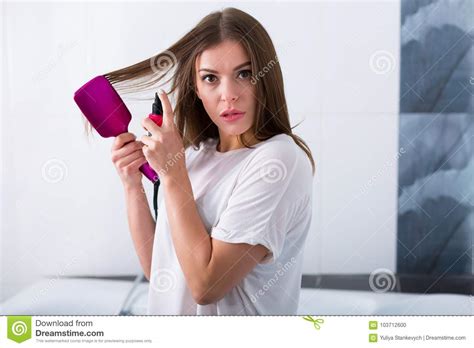 Woman With A Hot Straightening Brush Stock Photo Image Of Haircare Hairdryer