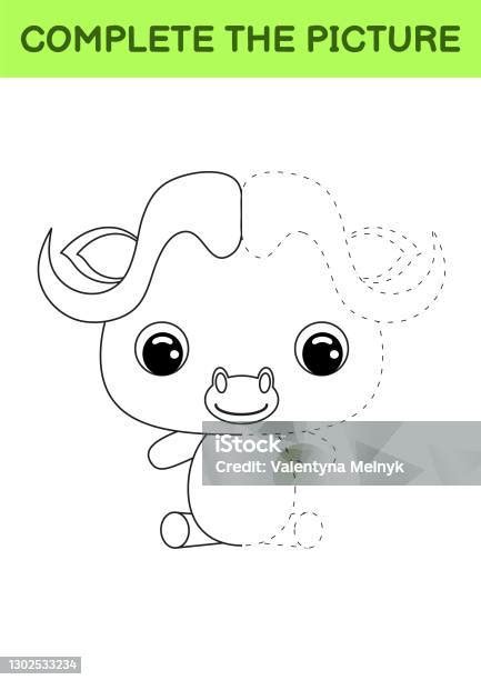 귀여운 사향 소의 완전한 그려진 그림 색칠 공부 점 복사 게임 필기 연습 그리기 기술 훈련 인쇄 가능한 워크시트 를 개발하는 교육 활동 페이지입니다 벡터 그림입니다 교육에