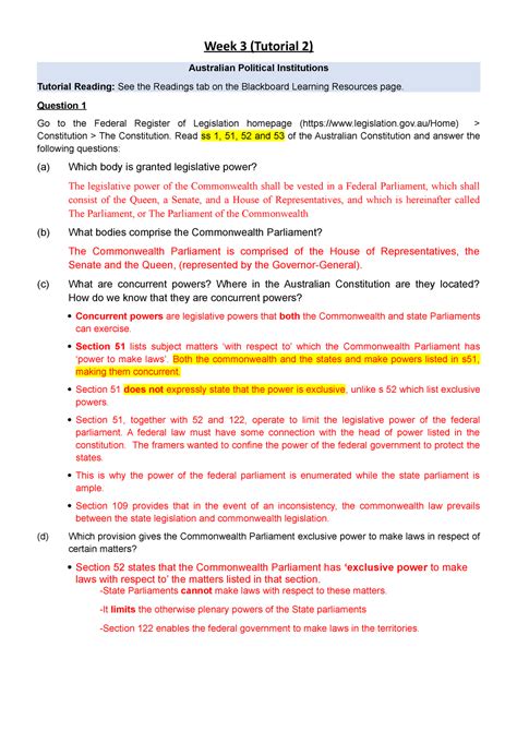 Week Tutorial Complete Week Tutorial Australian Political Institutions Tutorial